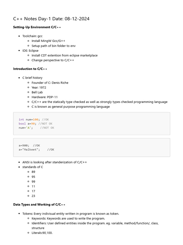 C++ Notes Day-1 | PDF | C (Programming Language) | Integer (Computer ...