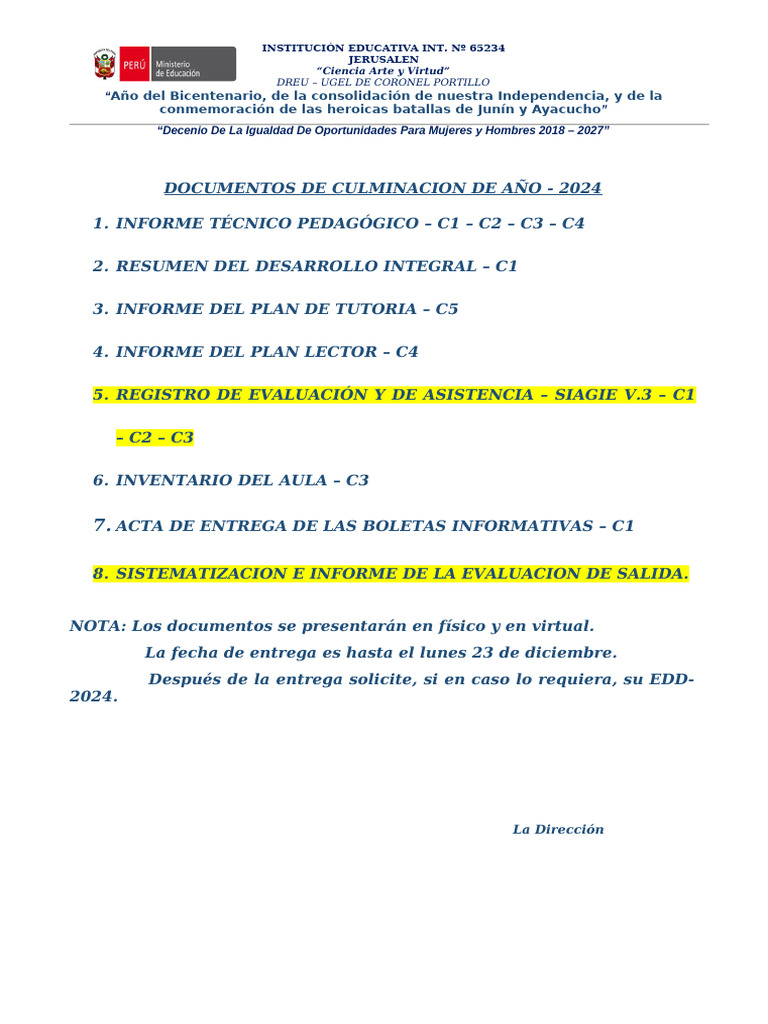 Documentos A Presentar de Fin de Año - Esquema 2024 | PDF | Salón de clases | Maestros