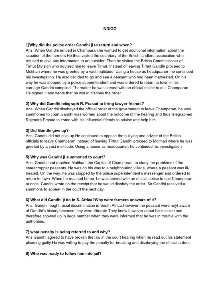 Indigo Questions | PDF | Mahatma Gandhi | Civil Disobedience
