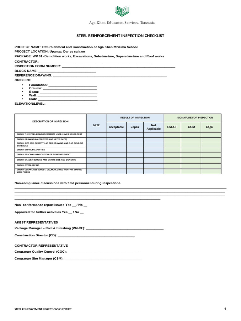 Inspection Checklist For Steel Reinforcement Before Pour | PDF | Materials | Building Technology