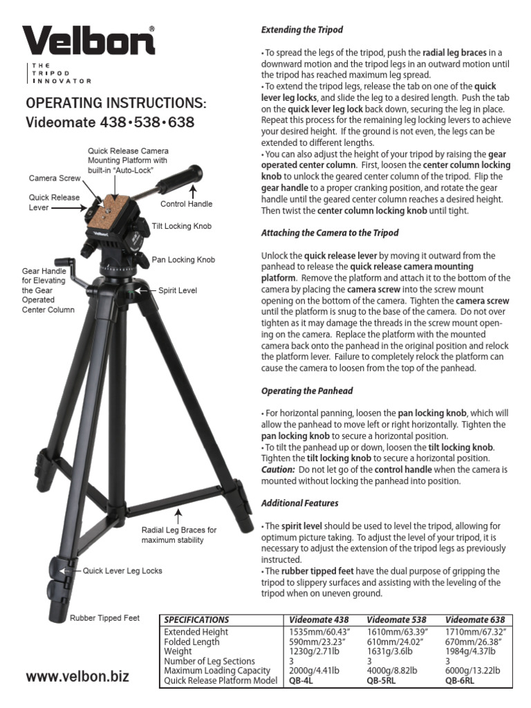 velbon-videomate-438f | PDF | Tripod (Photography) | Equipment