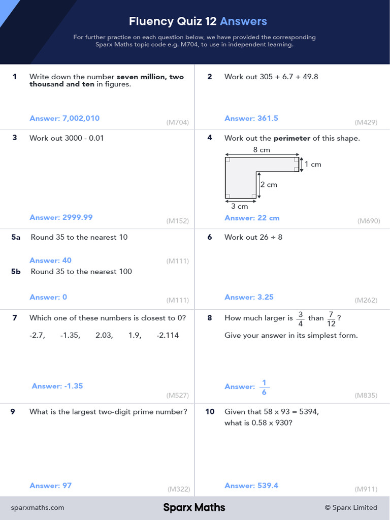 Sparx Maths Fluency Quiz 12 Answers | PDF