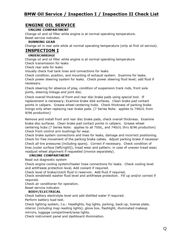 BMW Service Inspection Checklist | PDF | Brake | Trunk (Car)