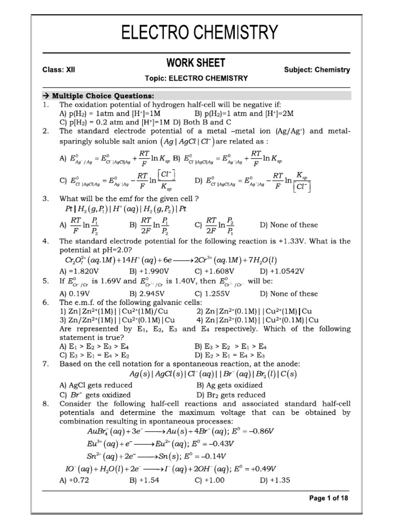 ELECTRO CHEMISTRY - Work Sheet | PDF