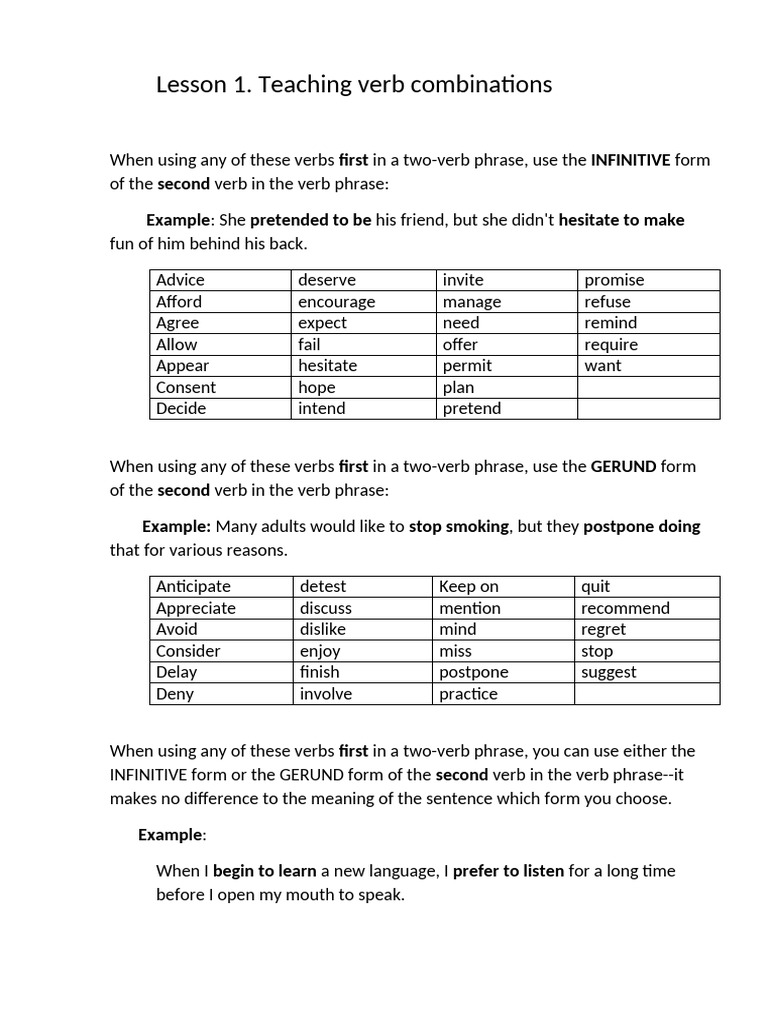 Lesson 1.Teaching Verb Combinations | PDF | Verb | Preposition And ...