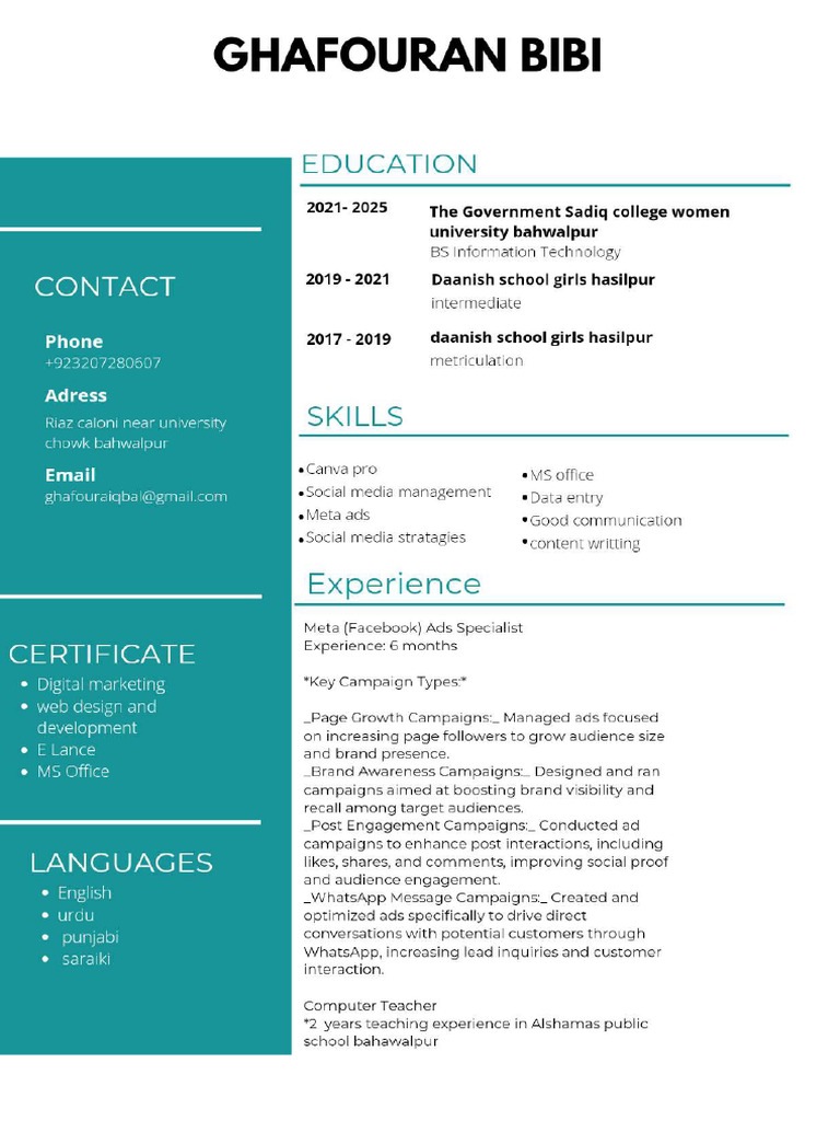 Ghafoura Bibi CV | PDF