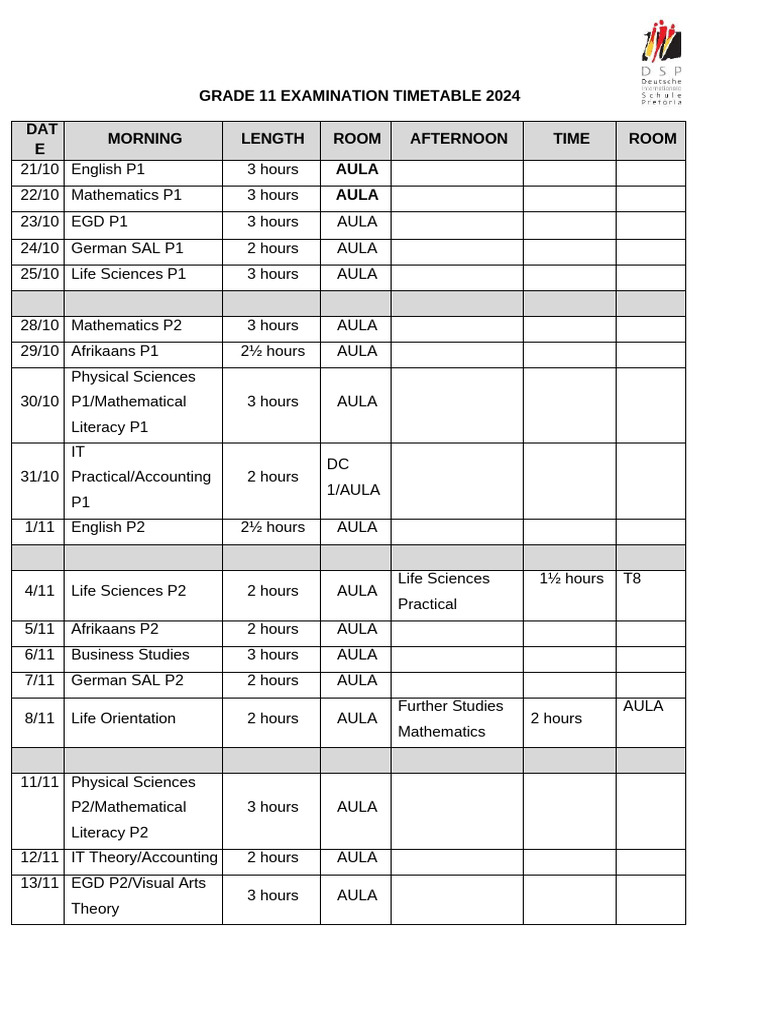 Grade 11 Examination Timetable 2024 | PDF