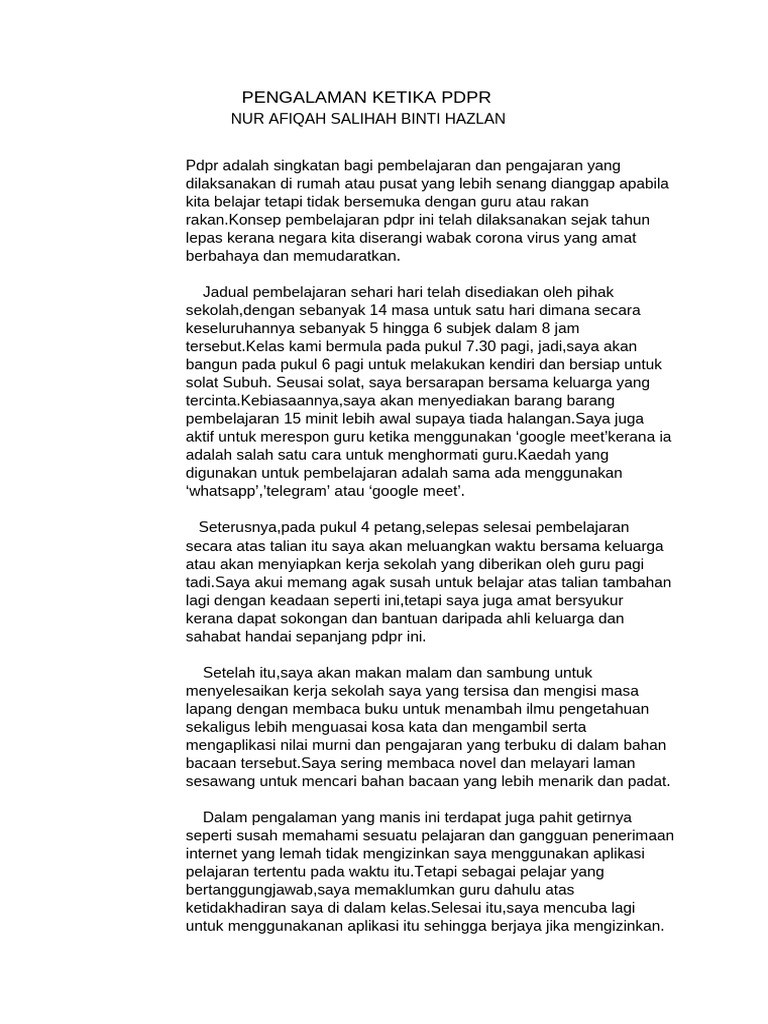 Pengalaman Ketika PDPR 2 Nur Afiqah Salihah Binti Hazlan | PDF