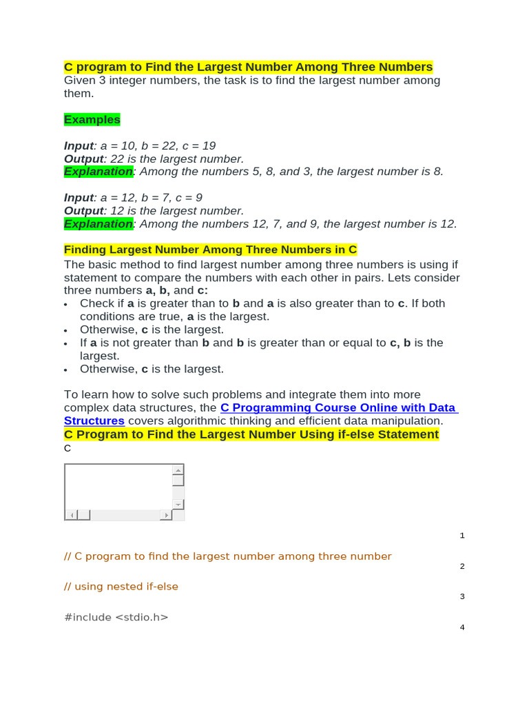 C Program to Find Largest of Three Numbers | PDF | Numbers | Algorithms
