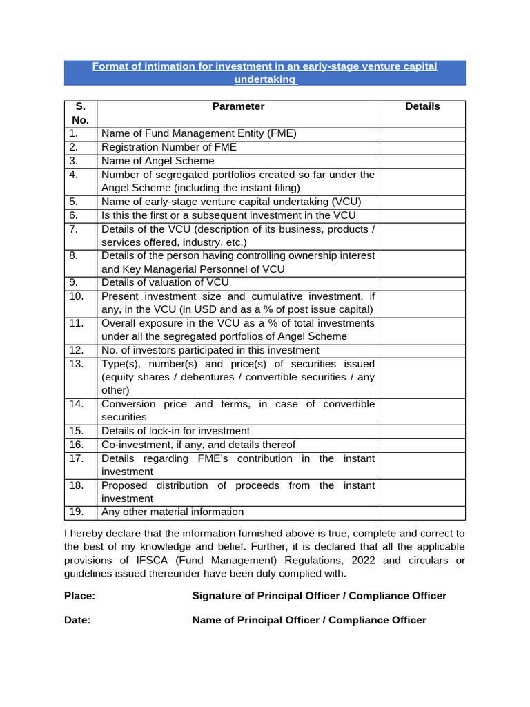 Angel Scheme - Format of Intimation of Investment200920231800 | PDF ...