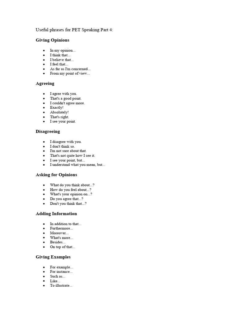 Useful Phrases For PET Speaking Part 4 | PDF