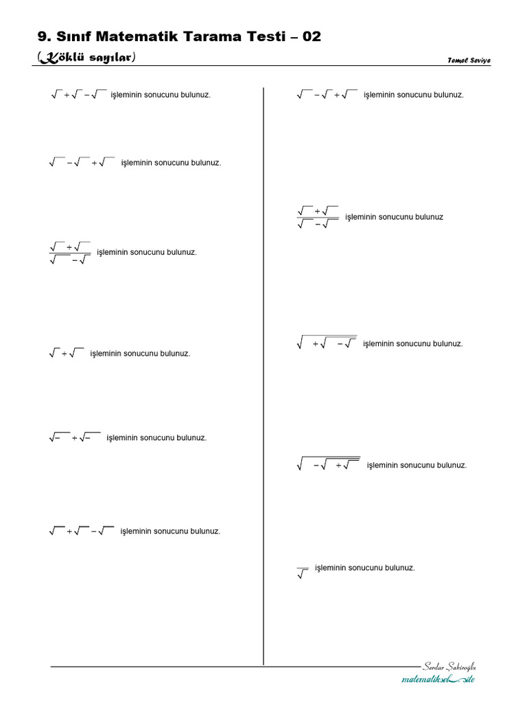 Sinif Tarama 02 Koklu Sayilar | PDF