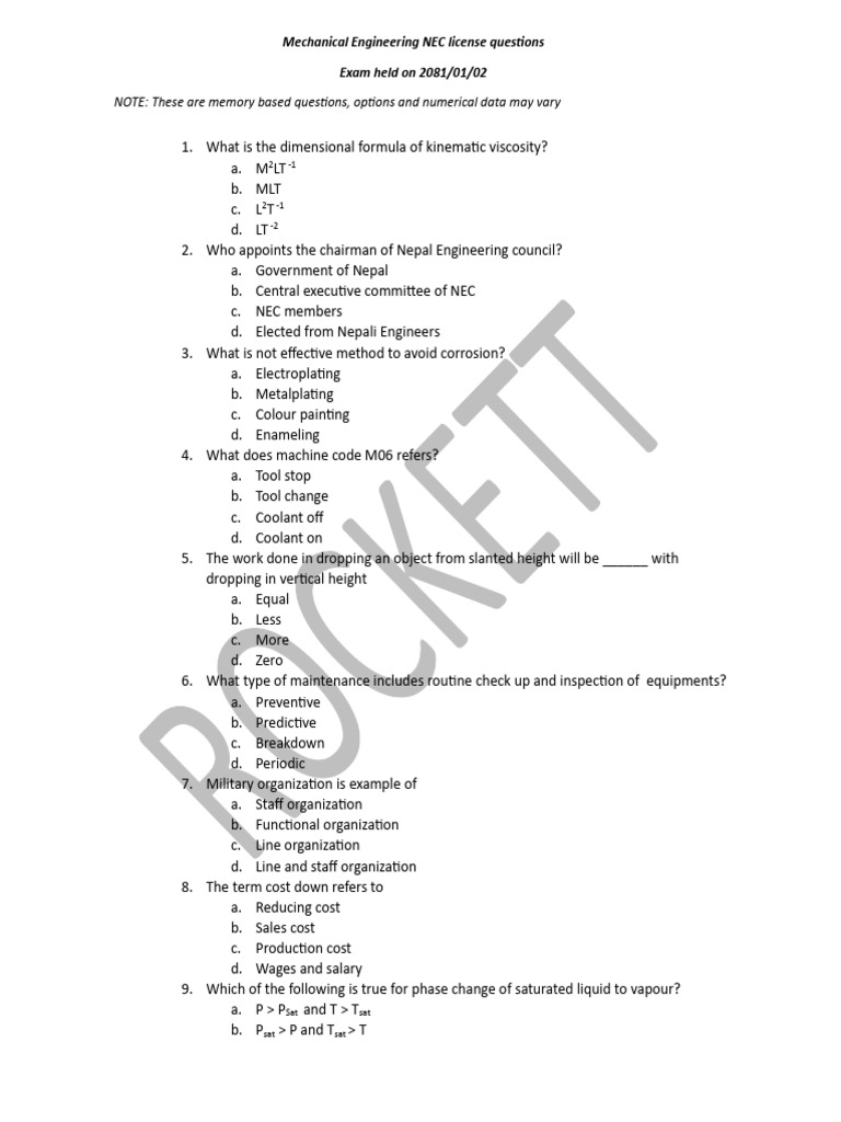 NEC Mechanical Engineering License Exam Questions | PDF | Gear | Fuels