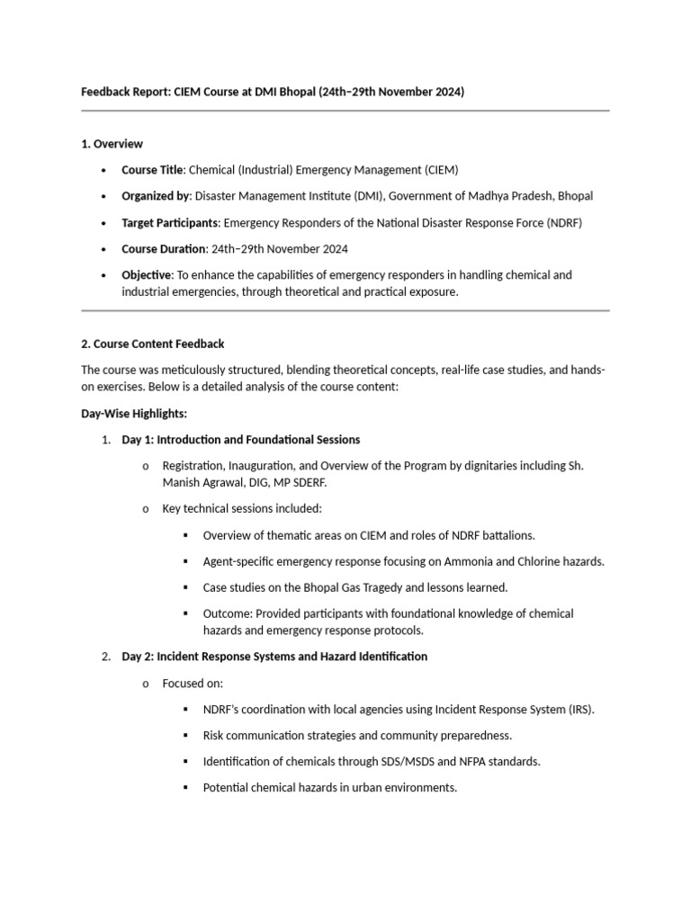 Feedback Report ON CIEM DMI BHOPAL | PDF | Emergency Management | Hazards