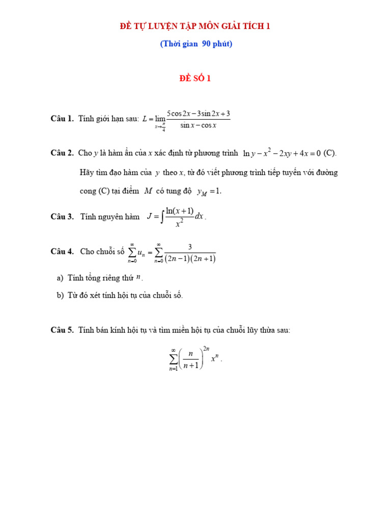 2324.giai Tich 1 - de Tu Luyen Tap SV | PDF