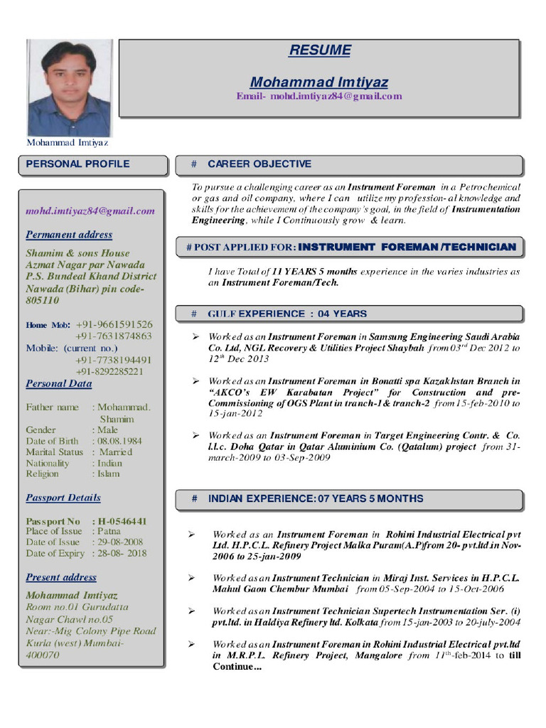 01) Inst - Foreman Updated (Imtiyaz) | PDF