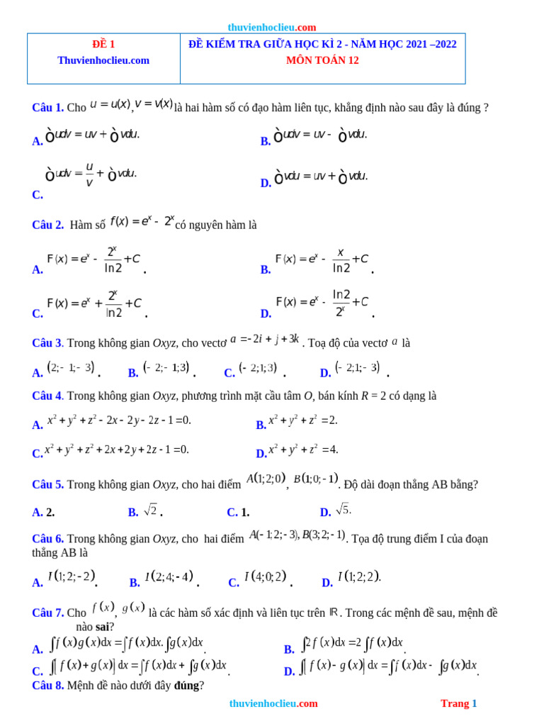 Thuvienhoclieu.com Bo de KT Giua HK2 Toan 12 Nam 2021 2022 Co Dap An | PDF