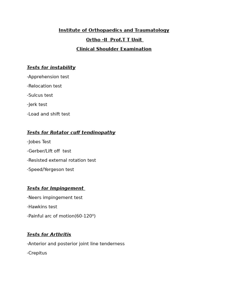 Clinical Shoulder Examination Tests | PDF