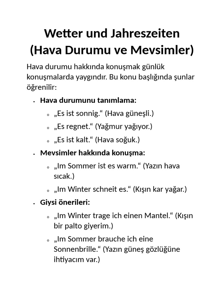 Wetter Und Jahreszeiten (Hava Durumu Ve Mevsimler) | PDF