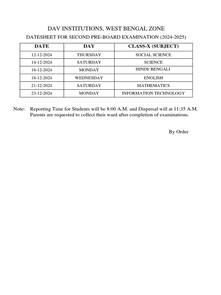 Second Pre Board Date Sheet | PDF