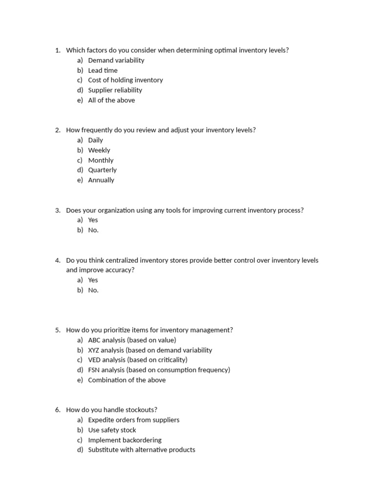 Questionnaire (Stock Minds Group) | PDF | Inventory | Lean Manufacturing