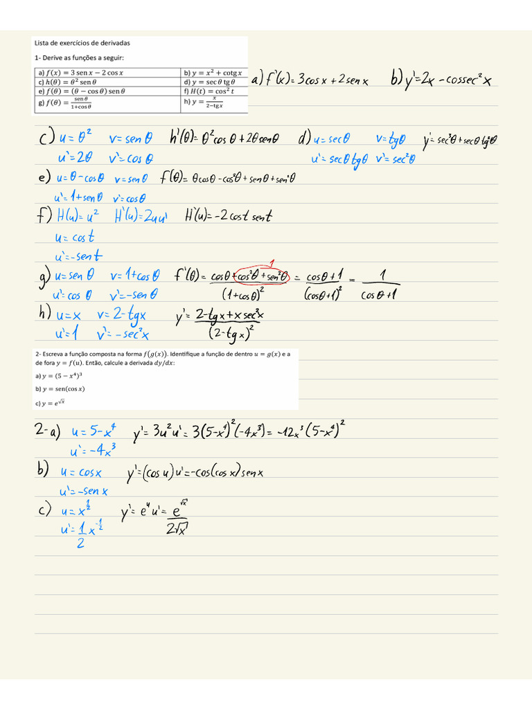 Lista de Exercícios de Derivadas 2 (Resolvida) | PDF