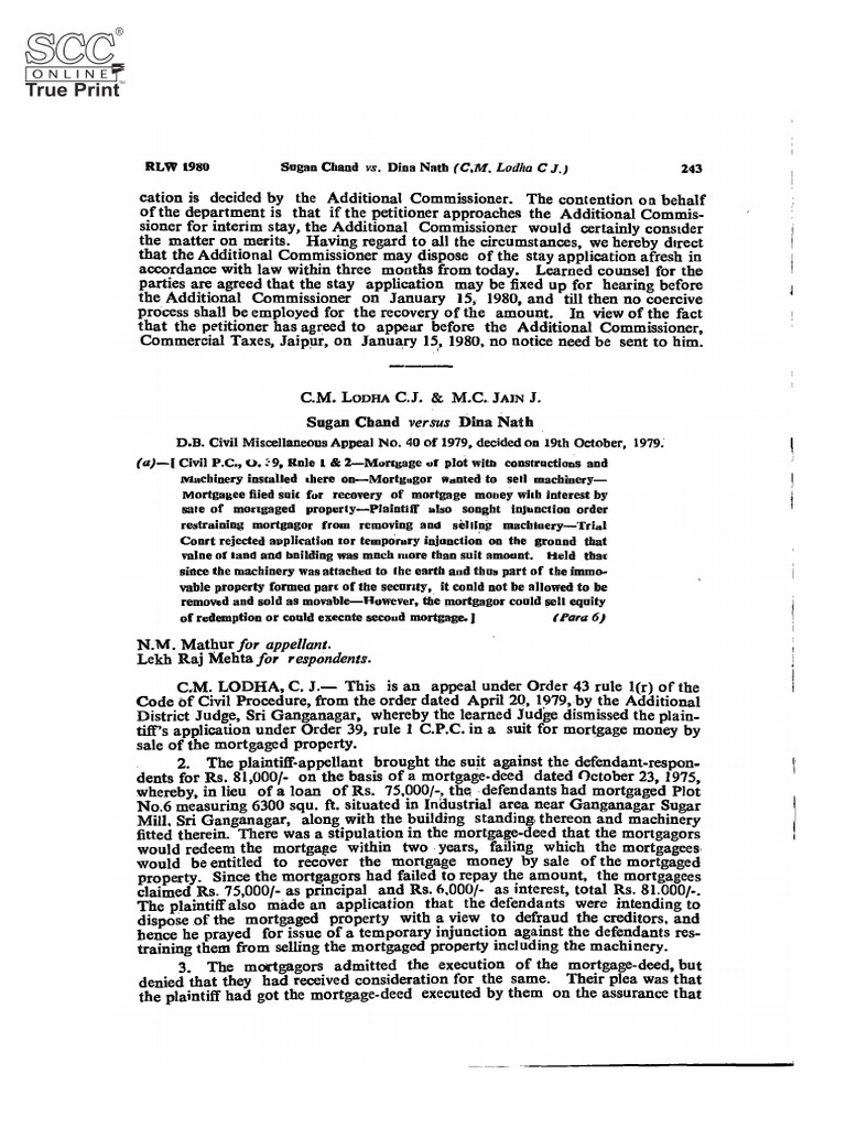 Sugan Chand V. Dina NathTP - 1980 - RLW - 243 - 244 - Shirajsalelkar - Lexiconlawin - 20241219 ...