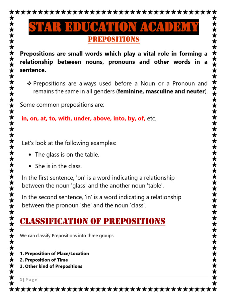 Prepositions Notes 2025 | PDF | Grammatical Gender | Linguistics