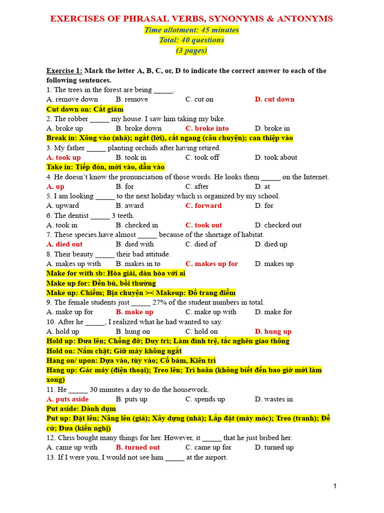 Phrasal Verbs, Synonyms & Antonyms Exercises | PDF | Languages ...