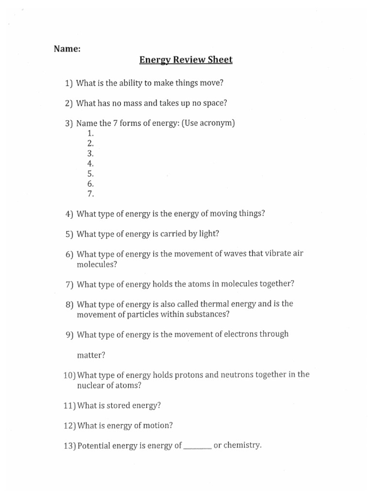 Energy Review Sheet PDF | PDF