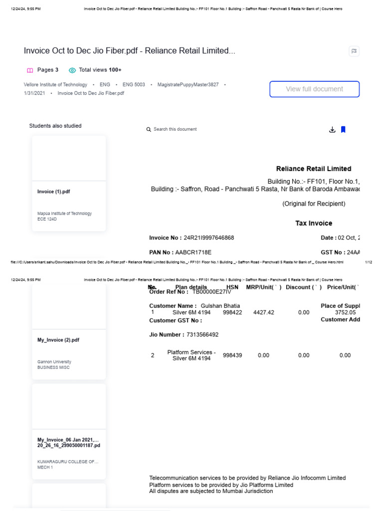 Invoice Oct To Dec Jio Fiber - PDF - Reliance Retail Limited.. | PDF