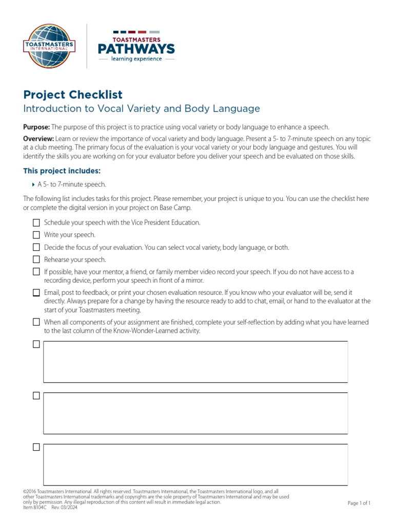 Introduction To Vocal Variety and Body Languageproject Checklist | PDF