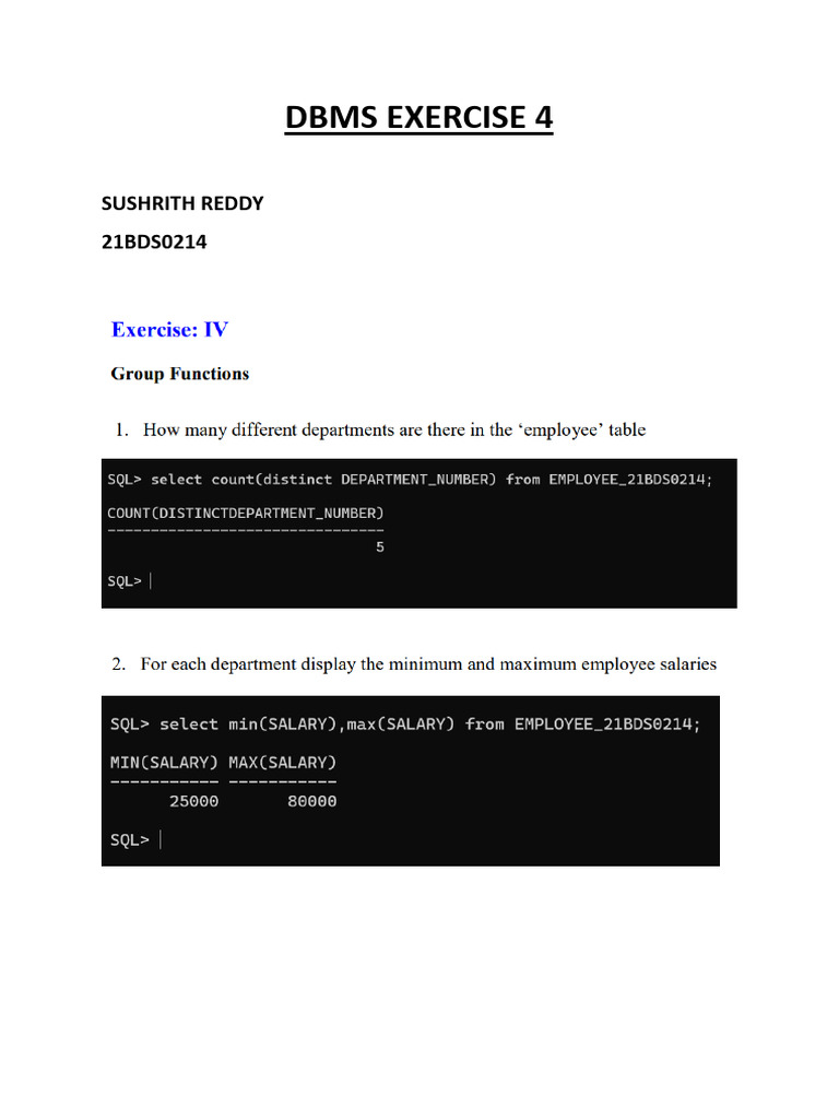 Dbms Exercise 4 - 21bds0214 | PDF
