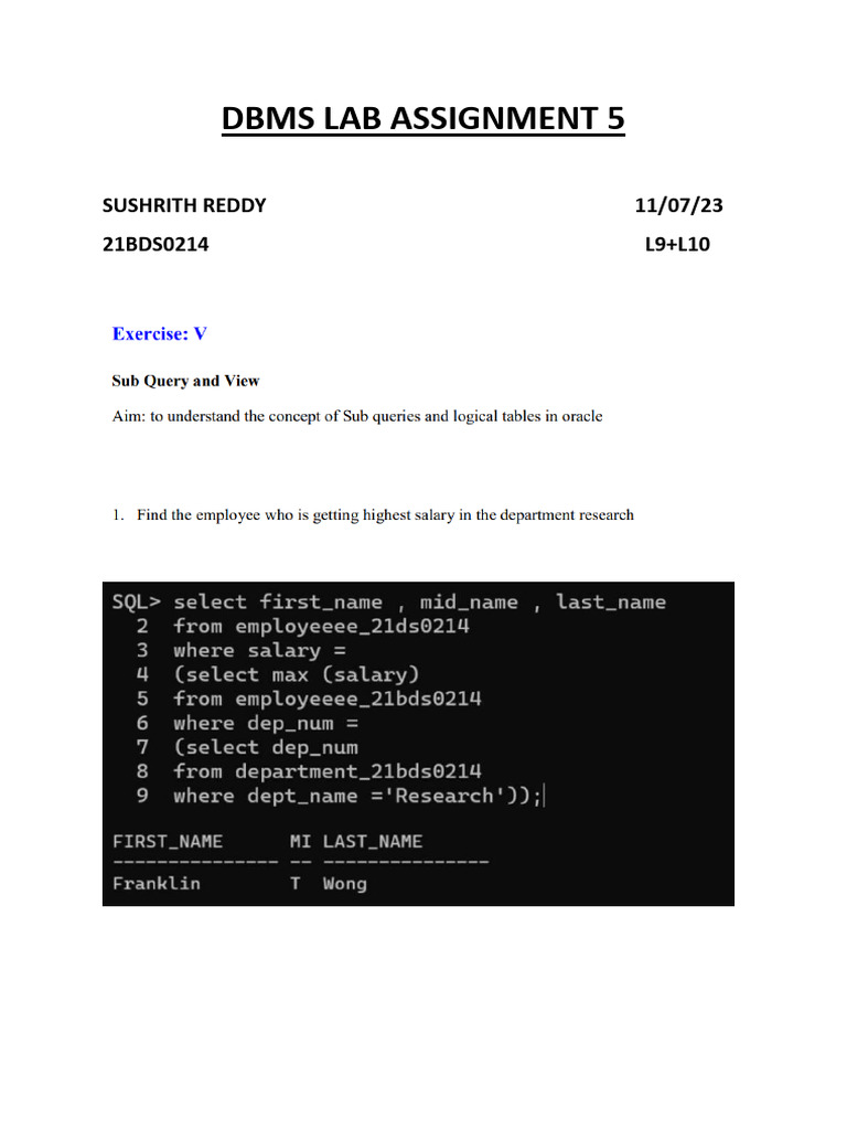 Dbms Lab Assignment 5_21bds0214 | PDF