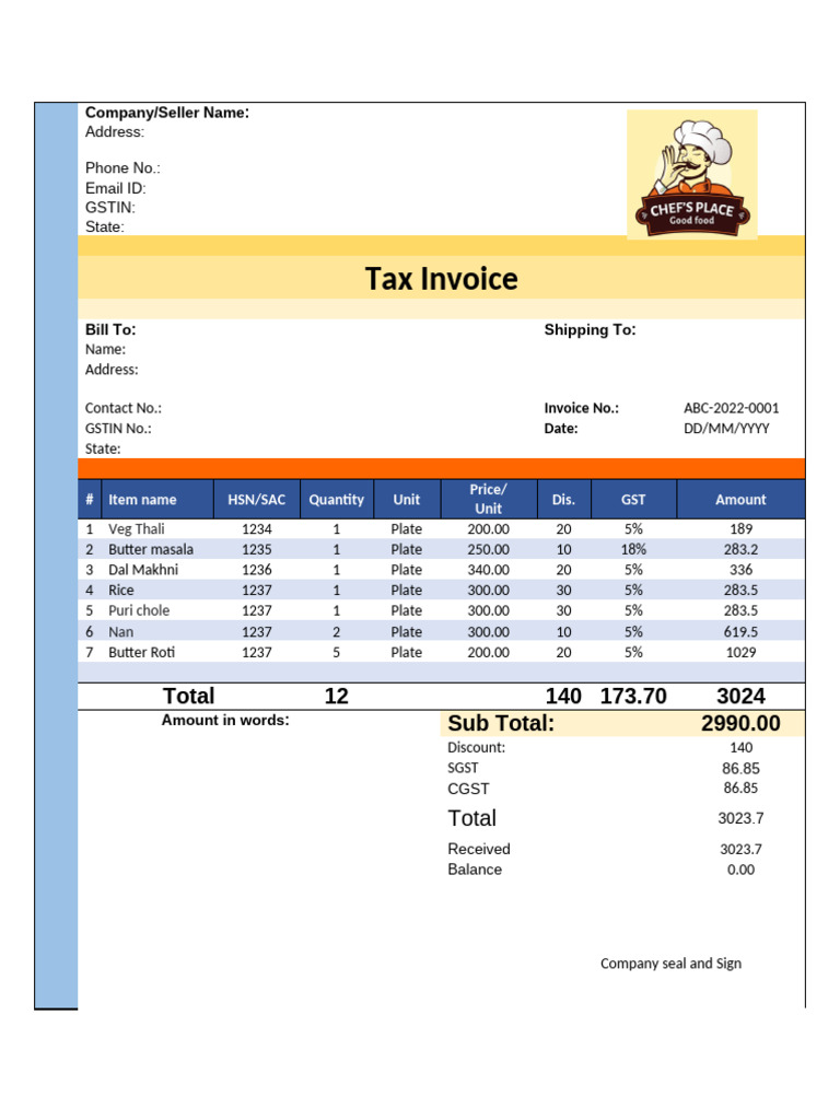 GST Invoice Format for Restaurants | PDF