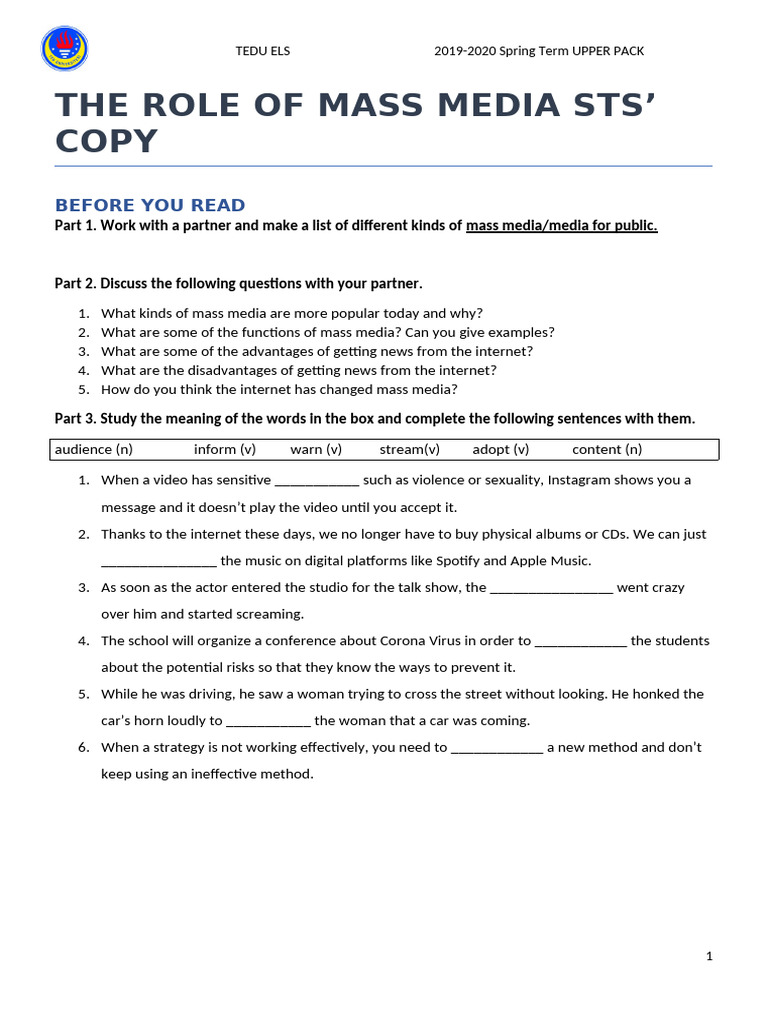 Reading 1 (The Role of Mass Media) | PDF | Mass Media | Social Media