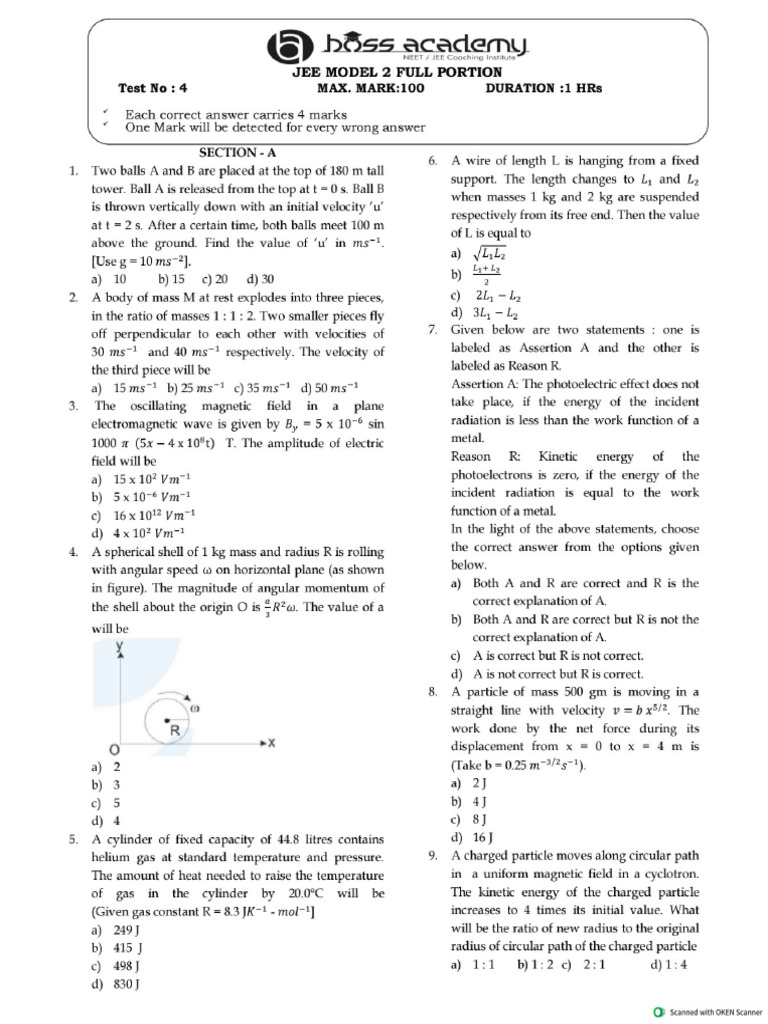 Test 4, JEE Model 2 Full Portion QP With Solutions, 20.12.2024 | PDF