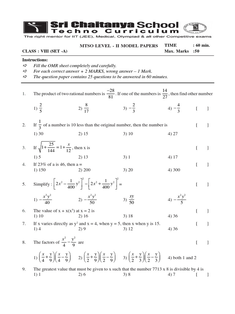 8TH Mtso Level - 2 QP (22-23) Set - A | PDF | Abstract Algebra ...