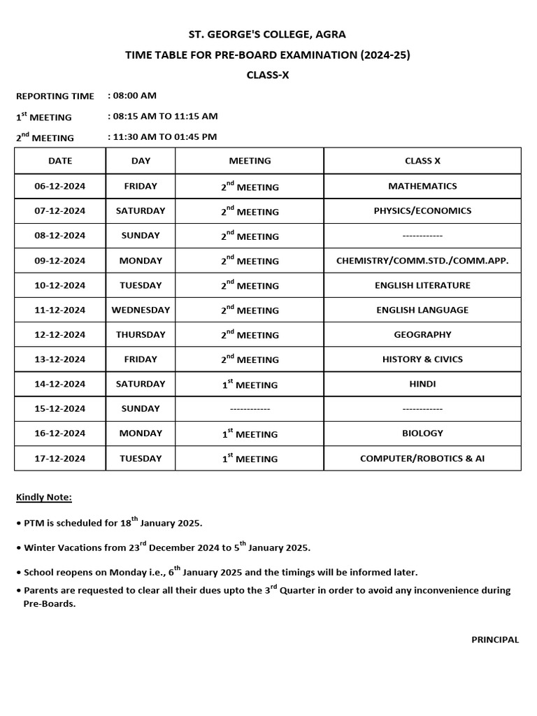 Time Table For Pre-Board Exam For Class X (2024-25) | PDF