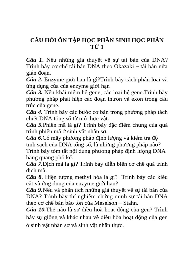 ĐỀ CƯƠNG ÔN TẬP SHPT 1 | PDF