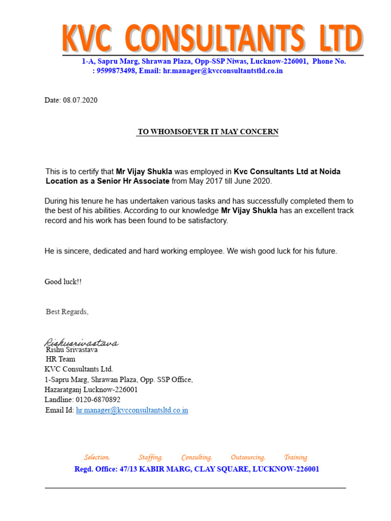 Experience Letter KVC Consultant | PDF