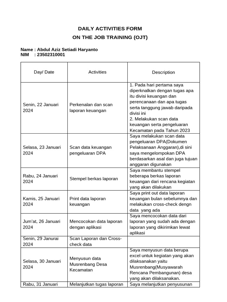 Daily Activities Form Ojt | PDF