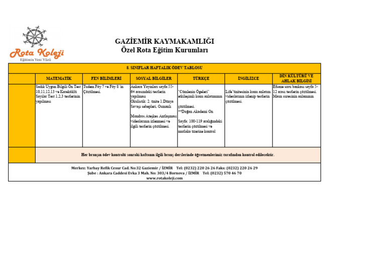 8.Sinif 1-5 Kasim Haftalik Ödevleri̇ | PDF