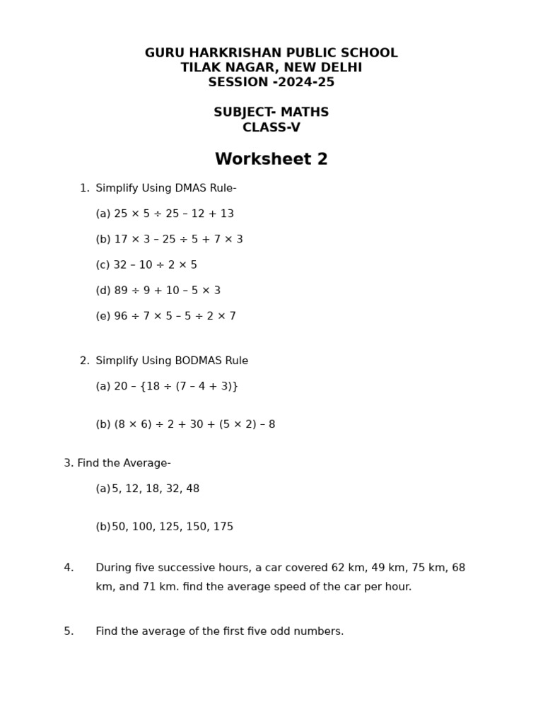 Class 5 DMAS and BODMAS Worksheet | PDF