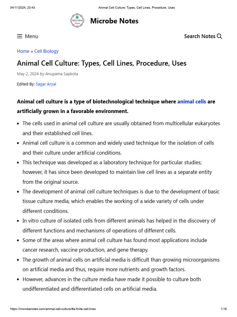 Animal Cell Culture - Types, Cell Lines, Procedure, Uses | PDF | Cell ...