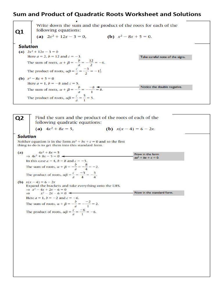 Sum and Product of Quadratic Roots Worksheet and Solutions 1 | PDF