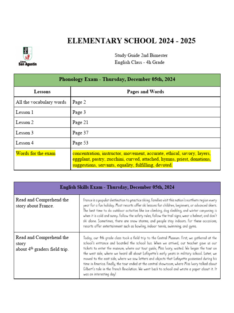 4th Grade English Study Guide: 2nd Bimester | PDF | English Language | Word