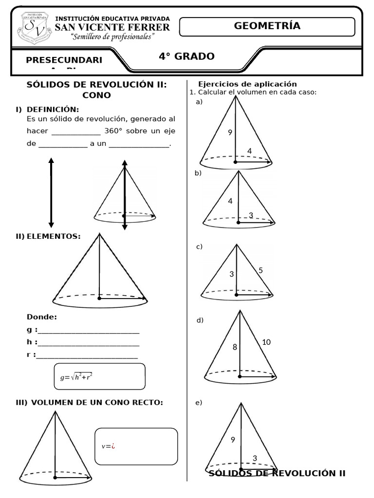Ficha de Trabajo - Geometría - 4° Grado - Cono | PDF | Esfera | Euclides