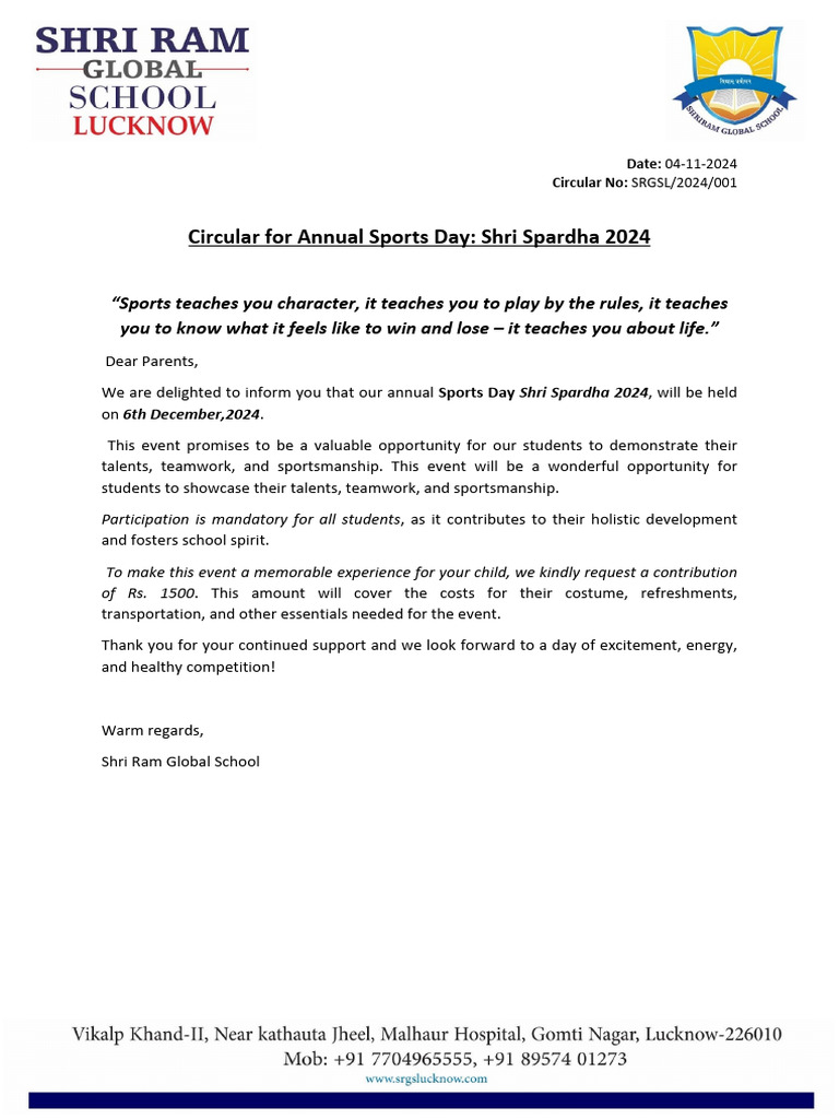 SRGS CIRCULAR- Shri Spardha 2024 | PDF