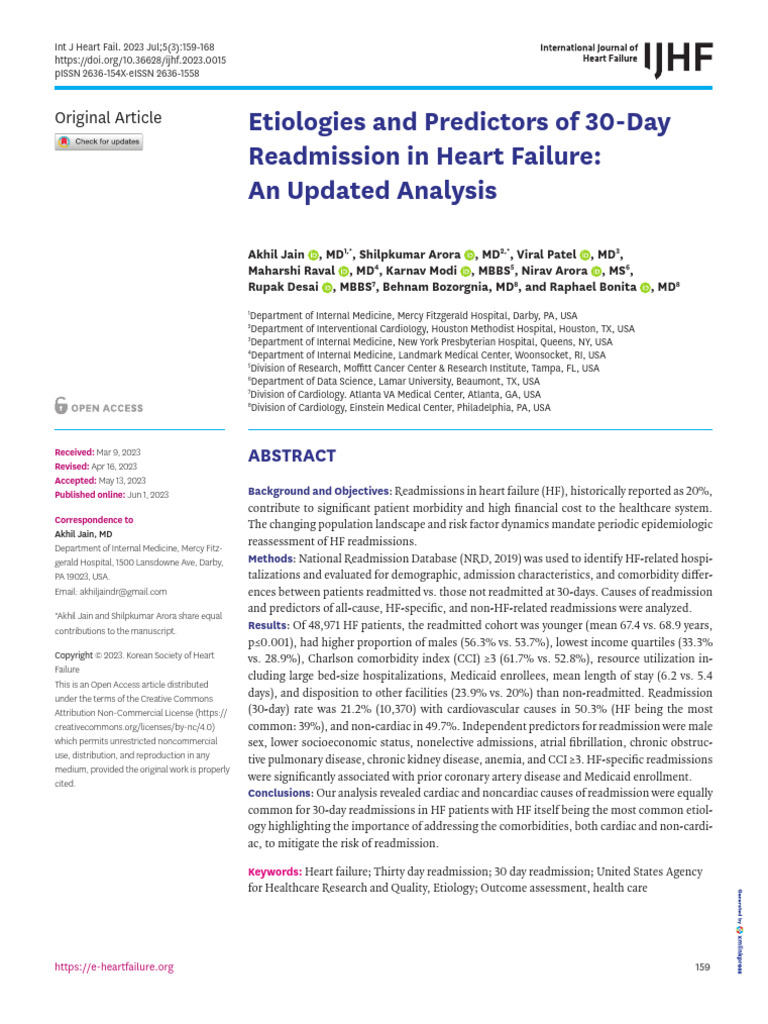Etiologies and Predictors of 30-Day Readmission in Heart Failure: An ...